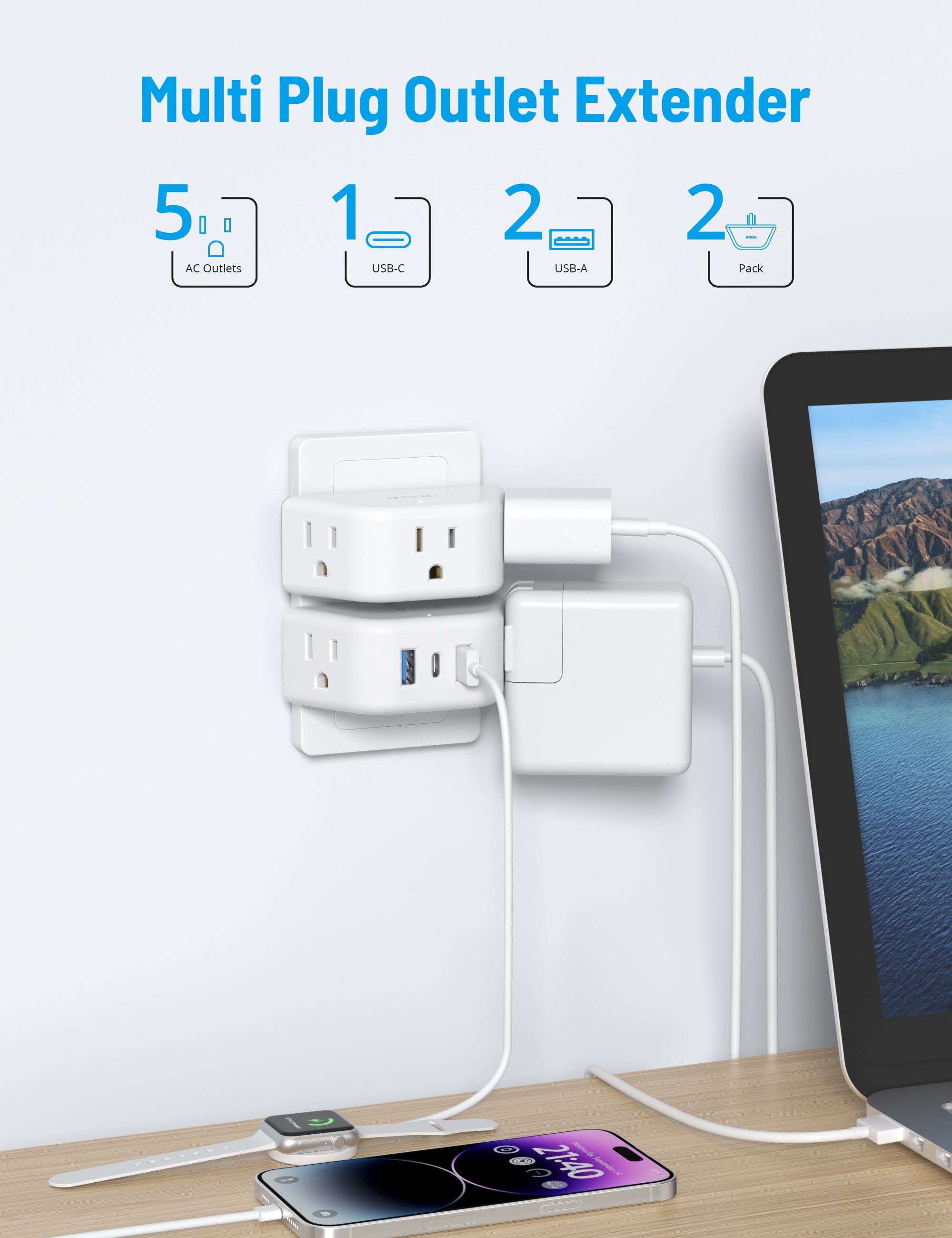 Multi Plug Outlet Extender with USB - 2 Pack Multiple Outlet Splitter ...