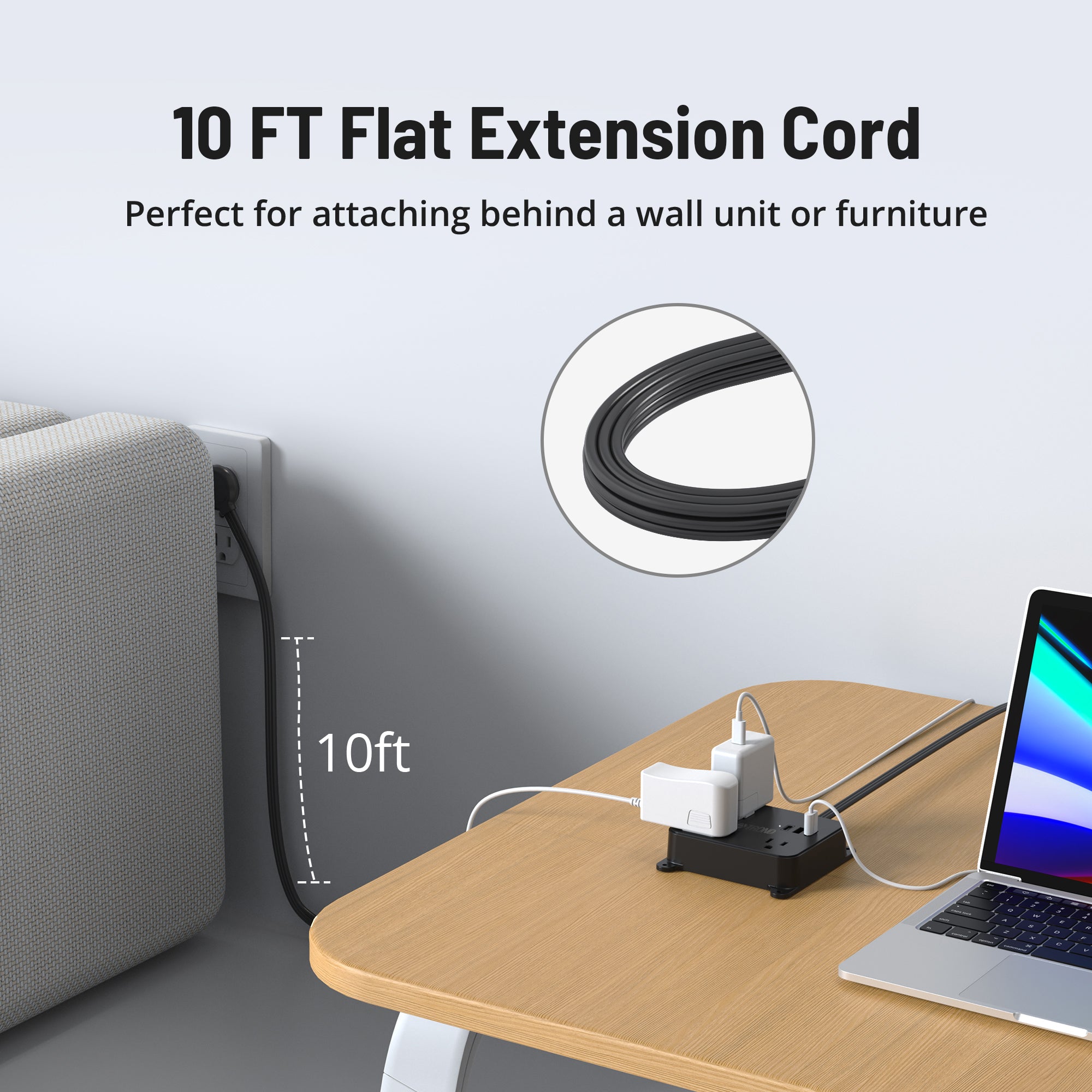 Flat Plug Power Strip Ultra Thin Extension Cord with 3 USB Charger – TROND
