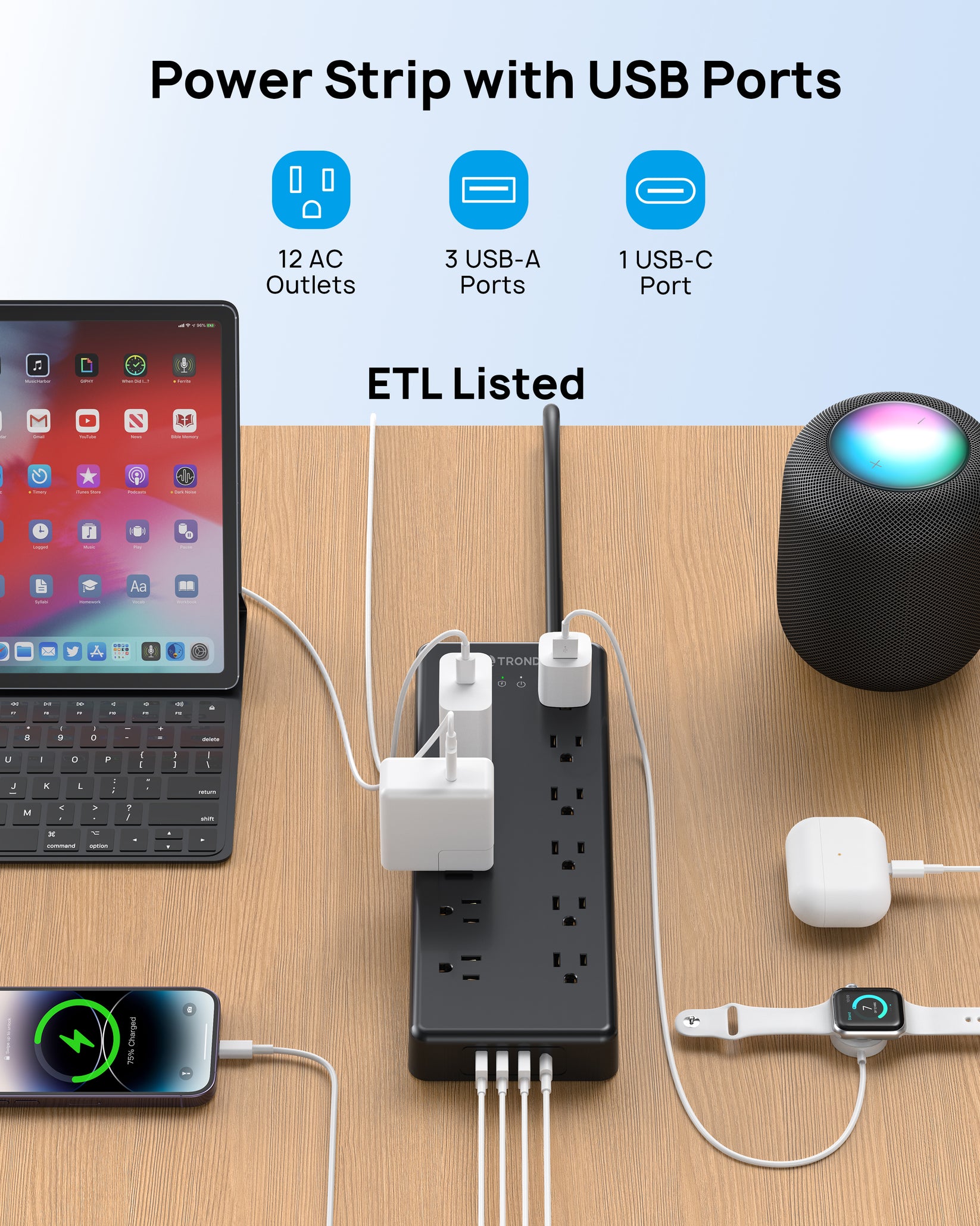 Surge Protector Power Strip, 4000J, ETL Listed, TROND 5 FT Flat Plug E