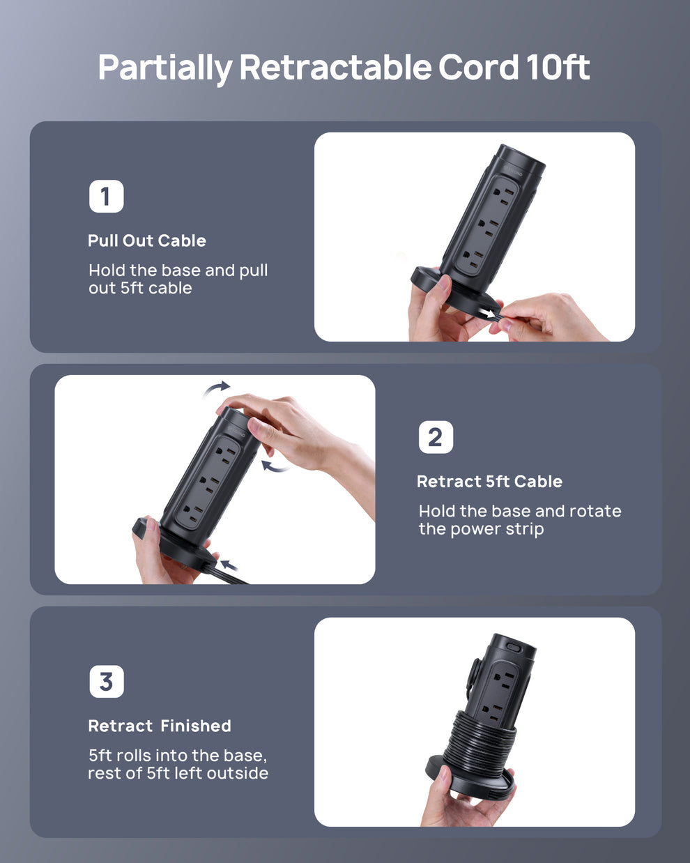 Semi-Retractable Power Strip Tower - Flat Plug Surge Protector Power S ...