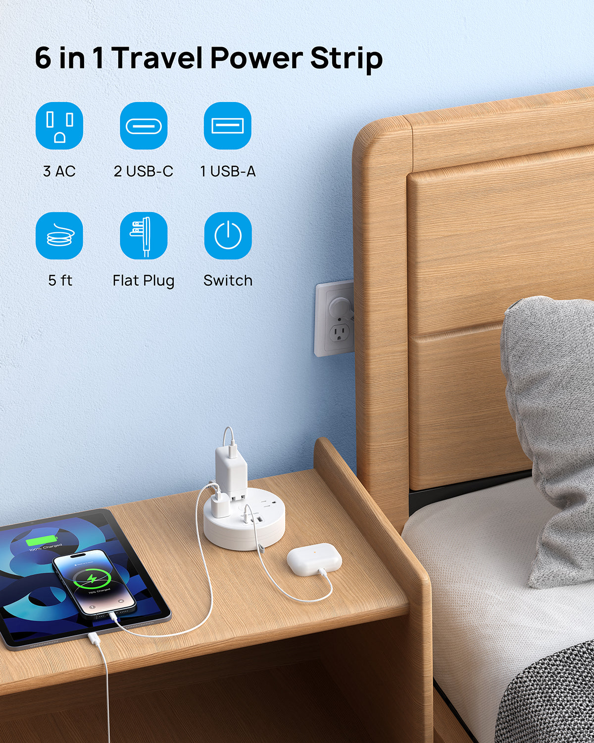 Travel Power Strip - TROND Retractable Power Strip with 3 AC Outlets 3