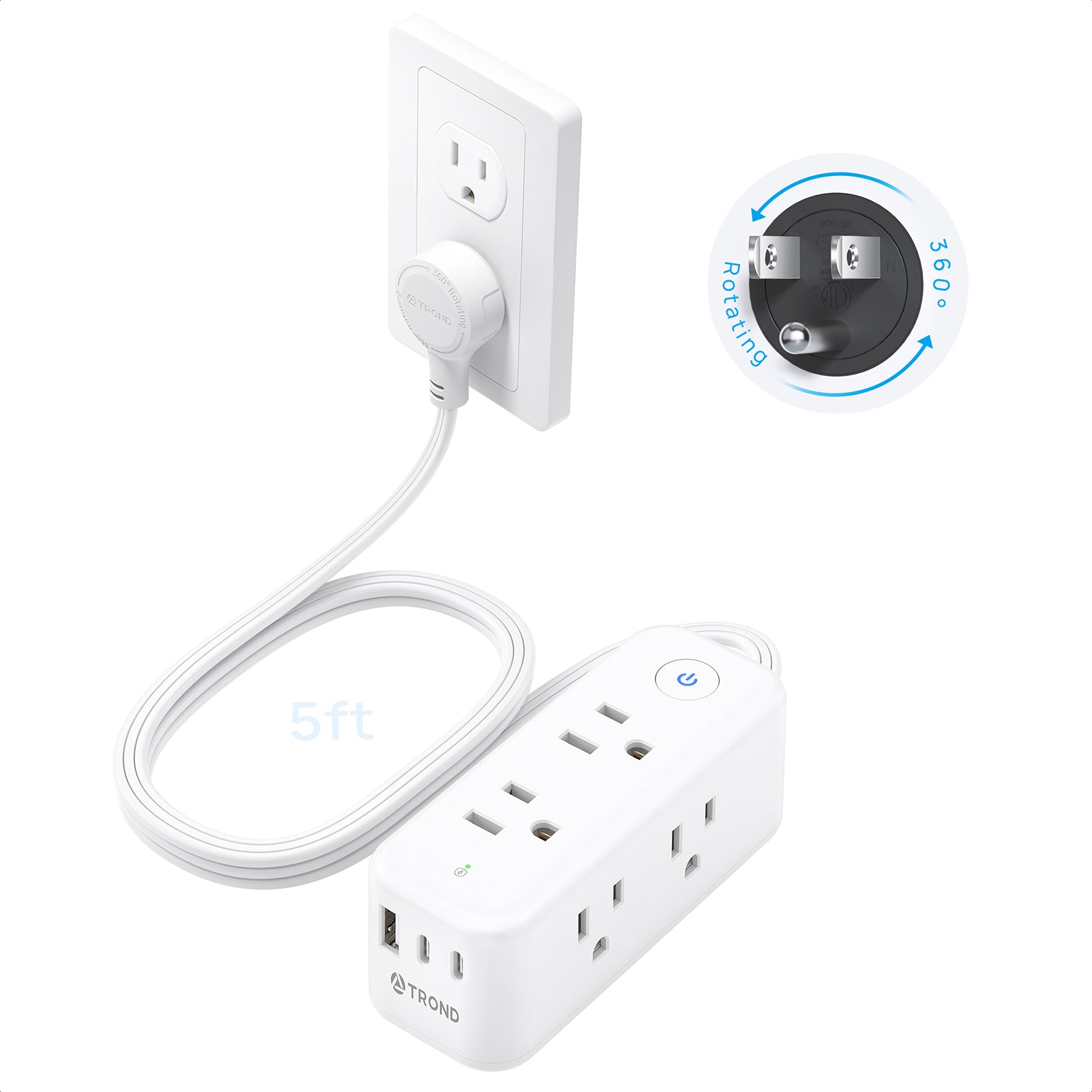 360° Rotating Flat Plug Power Strip, 6 Widely Spaced Outlets with 2 US ...