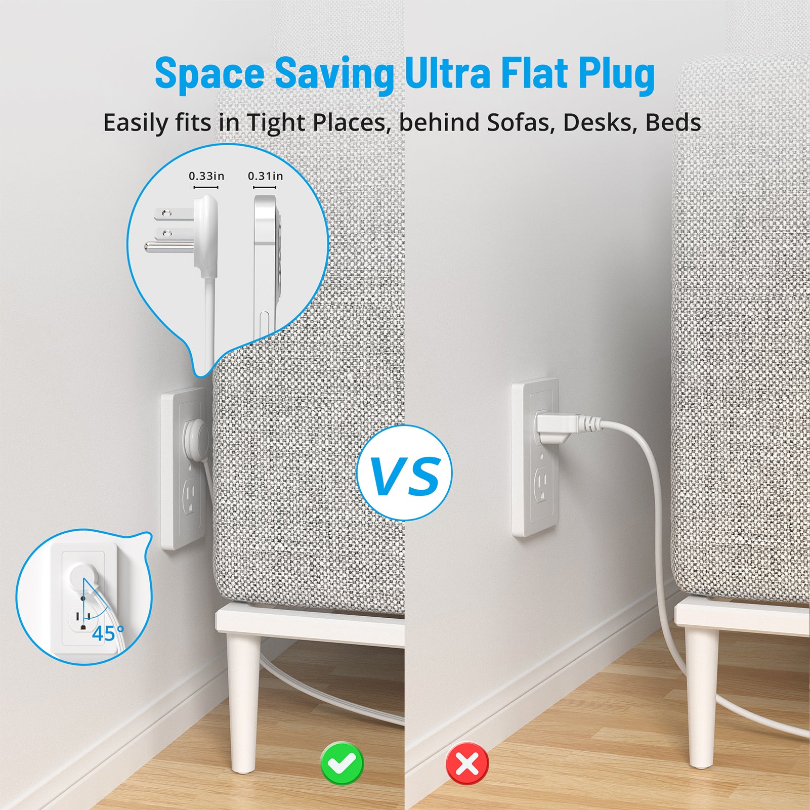 Flat Plug Power Strip Ultra Thin Extension Cord with 3 USB Charger – TROND