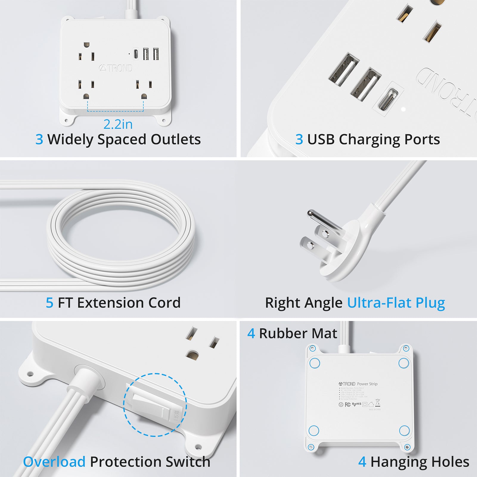 Flat Plug Power Strip Ultra Thin Extension Cord with 3 USB Charger – TROND