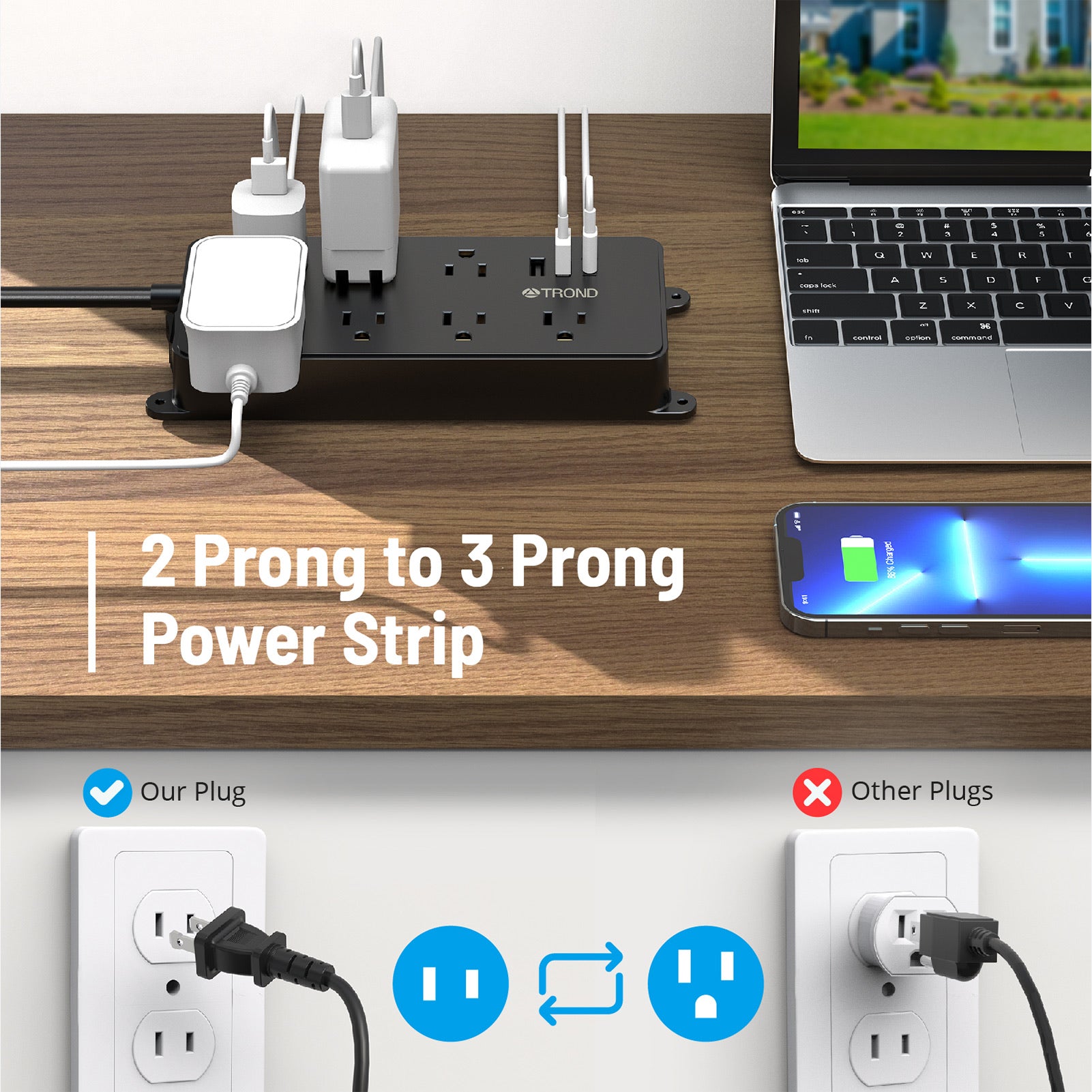 TROND 2 Prong Power Strip, 2 Prong to 3 Prong Adapter with 7 Widely-Sp